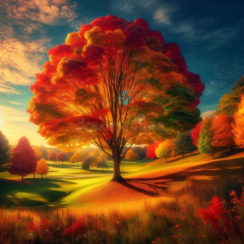 Fall Landscape Featuring a Vibrant Tree with Colorful Leaves and a ...