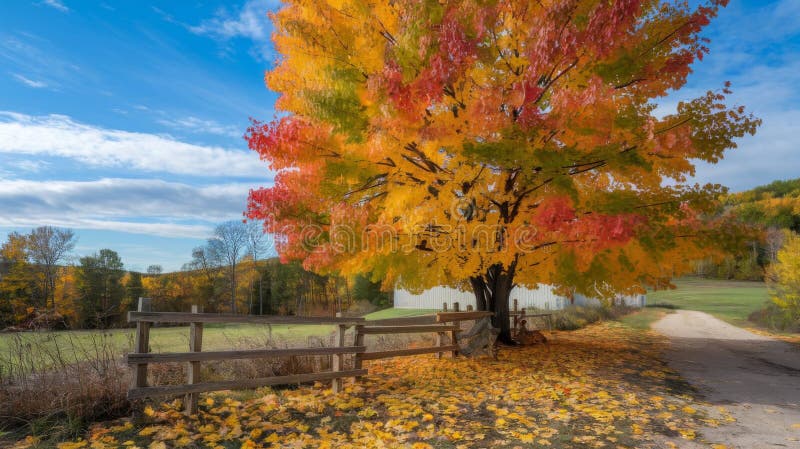 Fall Landscape Featuring a Vibrant Tree with Colorful Leaves and a ...
