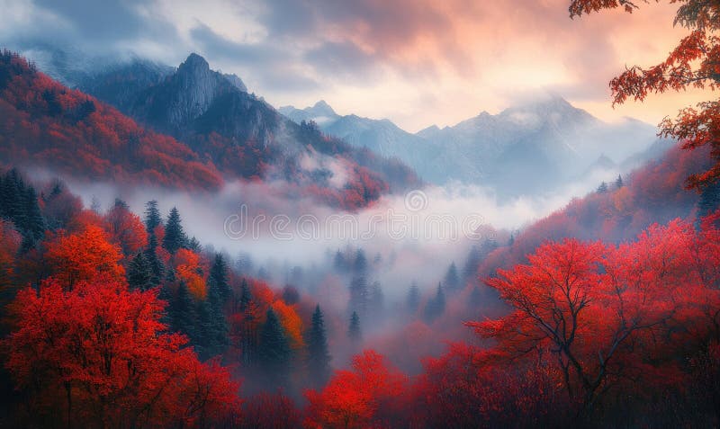Fall Landscape with Mountain Peaks, Amber Foliage, Misty Morning Stock ...