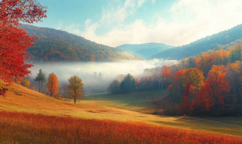 Fall Landscape with Mountain Peaks, Amber Foliage, Misty Morning Stock ...