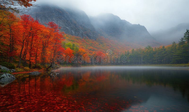 Fall Landscape, Red Forest Around the Lake Stock Image - Image of lake ...