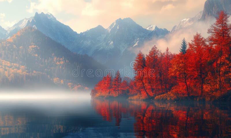 Fall Landscape, Red Forest Around the Lake Stock Photo - Image of ...