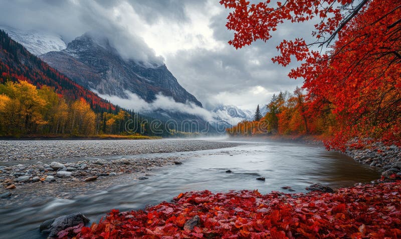 Fall Landscape, Red Forest Around the Lake Stock Photo - Image of ...