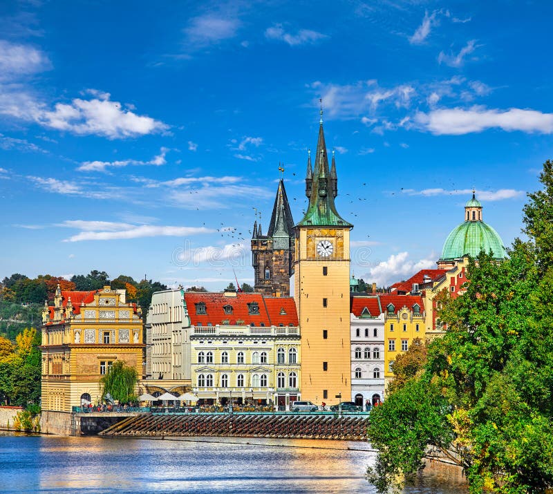 Fall Landscape View To Charles Bridge on Vltava River in Prague ...