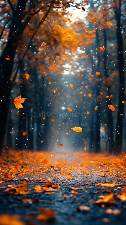 Fall Leaves Falling from the Sky in a Forest Stock Image - Image of ...