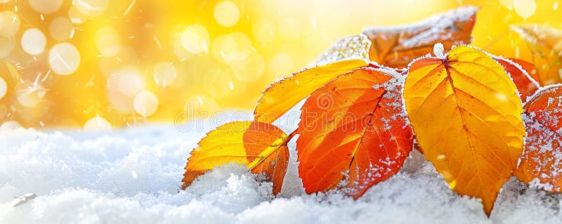 Fall leaves in first snow. stock photo. Image of macro - 335785358
