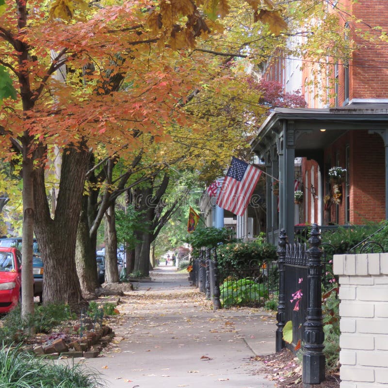 Fall Leaves, Old Houses and the American Flag. Lancaster, PA. Stock ...