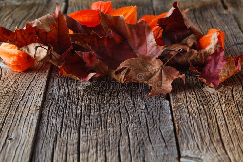 Fall Leaves on Rustic Wood Table Stock Image - Image of rural, vintage ...