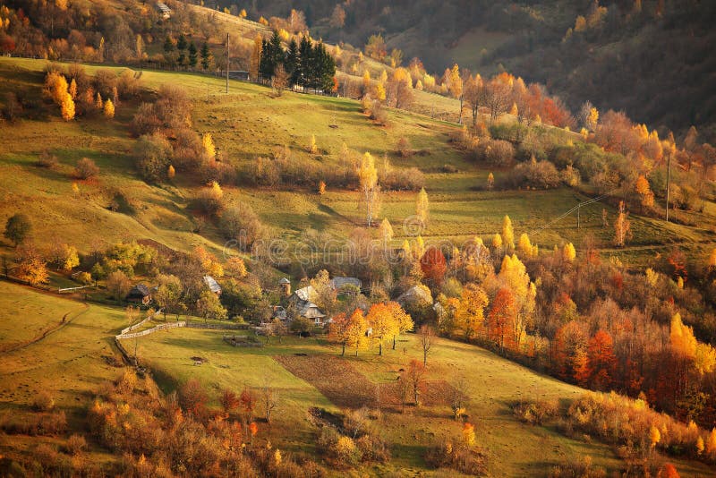 Fall in Mountain Village. October Scene Stock Image - Image of fall ...