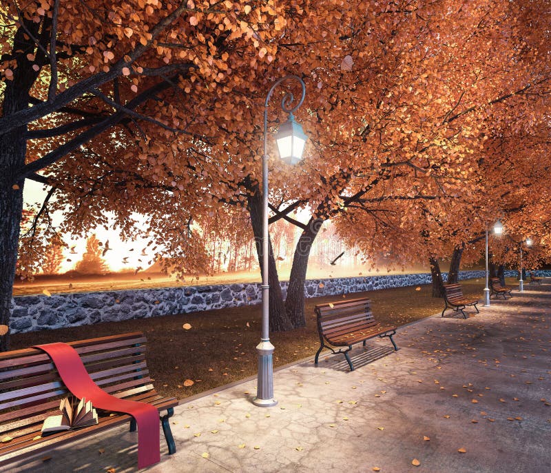 Fall in Park with Leaves Falling from Trees and the Bench, Autumn ...
