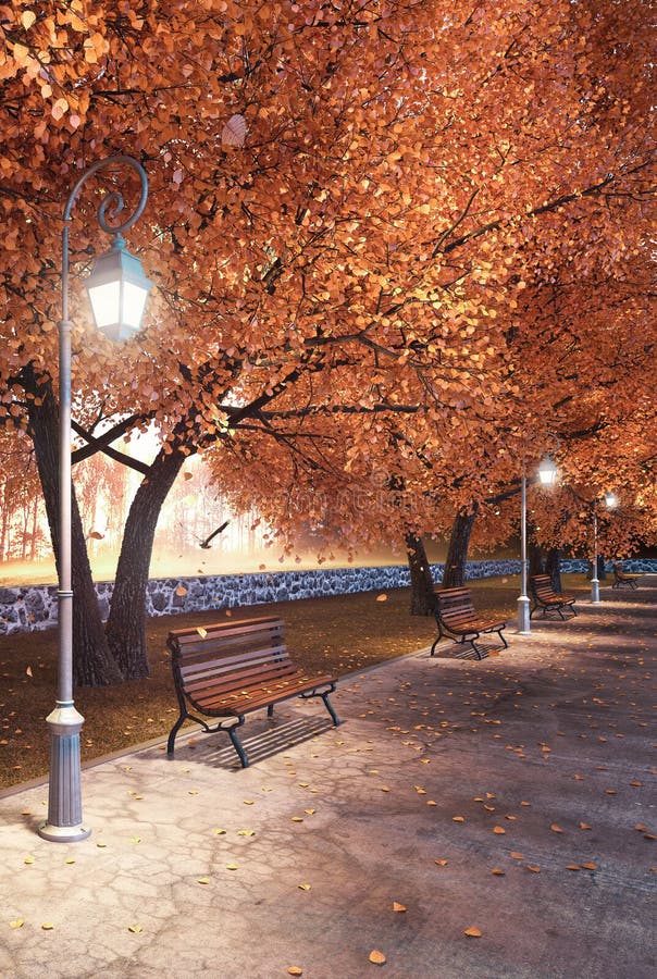 Fall in Park with Leaves Falling from Trees and the Bench, Autumn ...