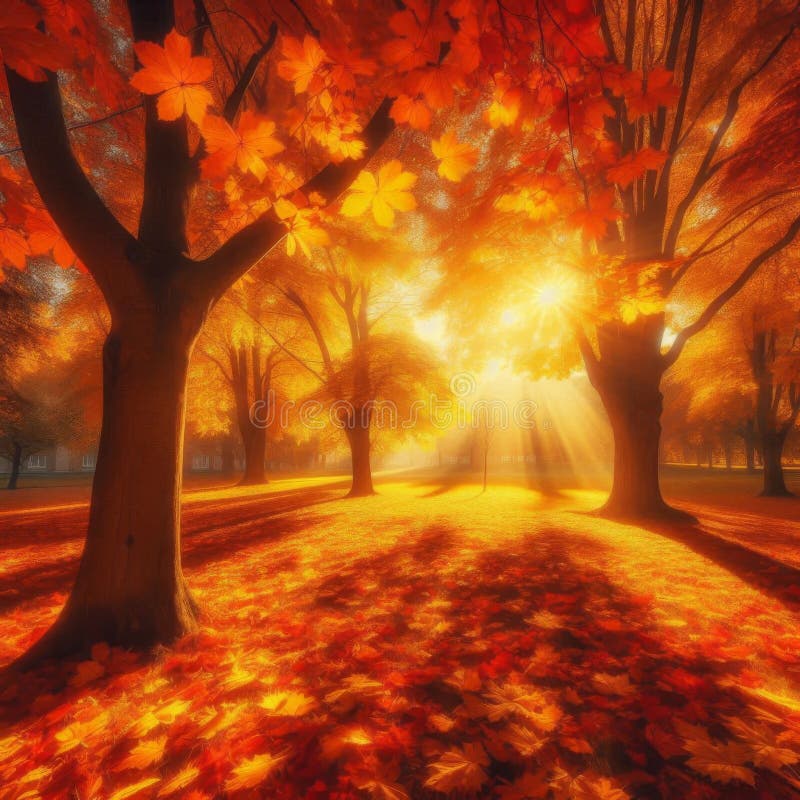 Fall Park Scene with Autumn Trees and Leaves Glowing in the Sunlight ...