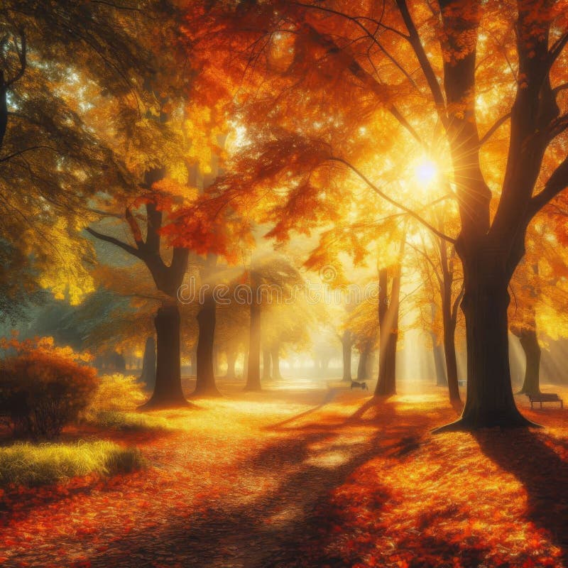 Fall Park Scene with Autumn Trees and Leaves Glowing in the Sunlight ...