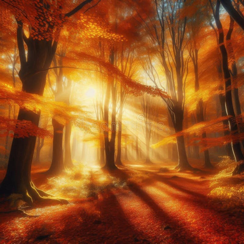 Fall Park Scene with Autumn Trees and Leaves Glowing in the Sunlight ...