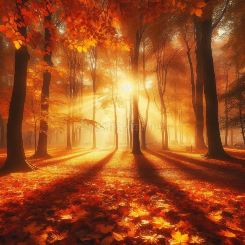 Fall Park Scene with Autumn Trees and Leaves Glowing in the Sunlight ...