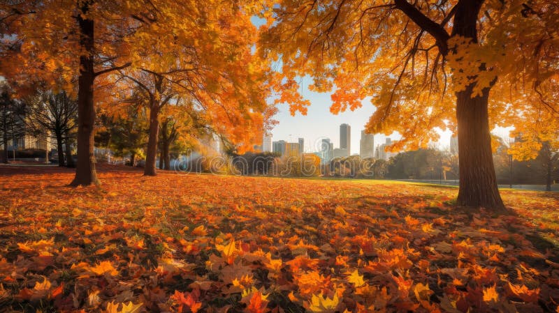 Fall Park Scene with Autumn Trees and Leaves Glowing in the Sunlight ...