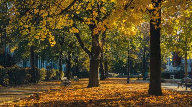 Fall Park Scene with Autumn Trees and Leaves Glowing in the Sunlight ...