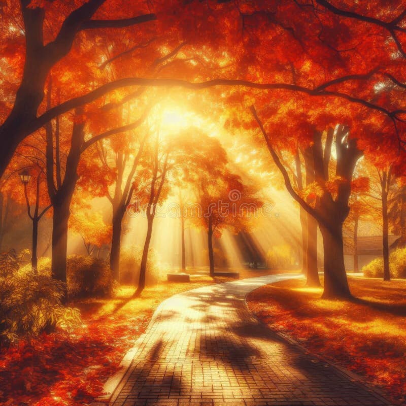 Fall Park Scene with Autumn Trees and Leaves Glowing in the Sunlight ...