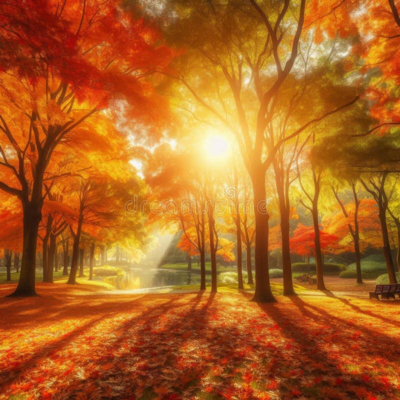 Fall Park Scene with Autumn Trees and Leaves Glowing in the Sunlight ...