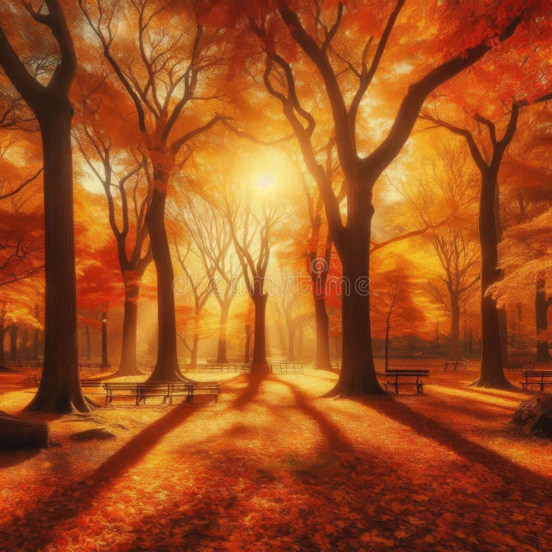 Fall Park Scene with Autumn Trees and Leaves Glowing in the Sunlight ...