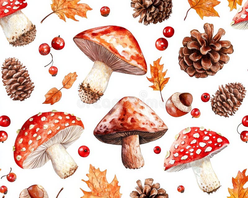 Fall Pattern, Seamless Repeating Nature Pattern. Foliage, Mushrooms ...