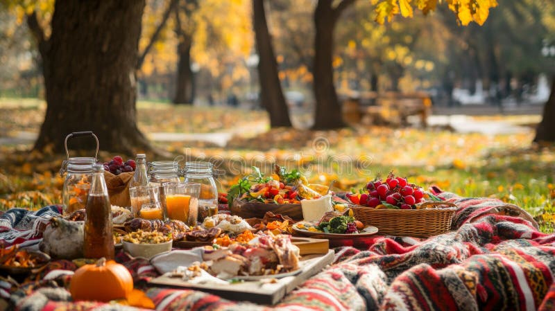Fall Picnic Feast with Delectable Food and Drinks Stock Illustration ...