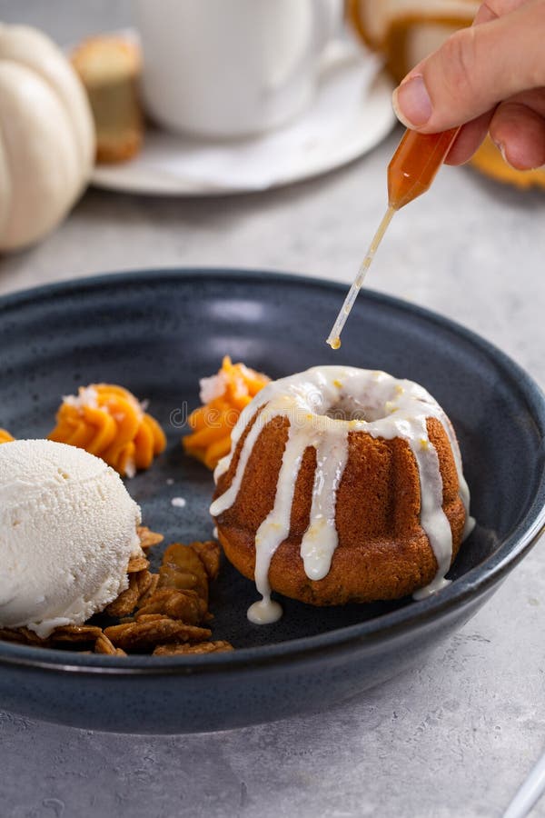 Fall Plated Dessert with a Spice Cake, Ice Cream and Pumpkin Mousse ...