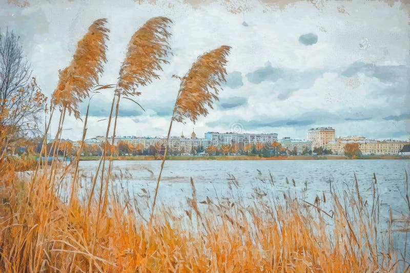 A Fall Scenery Featuring a River View with Architectural Structures in ...