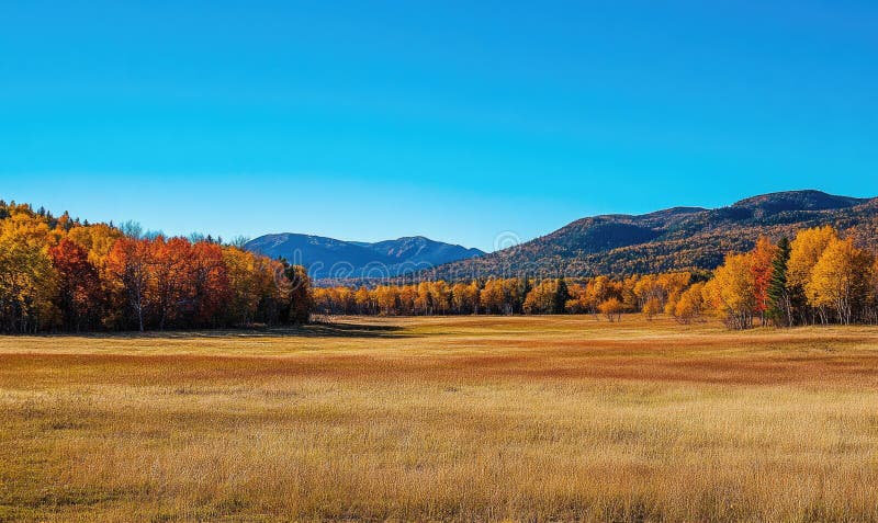 Fall Scenery, Open Field, Colorful Trees, Distant Mountains Stock Photo ...