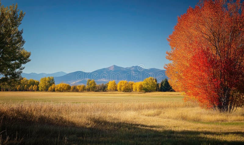 Fall Scenery, Open Field, Colorful Trees, Distant Mountains Stock Photo ...
