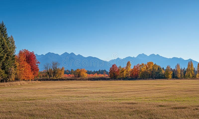 Fall Scenery, Open Field, Colorful Trees, Distant Mountains Stock Image ...
