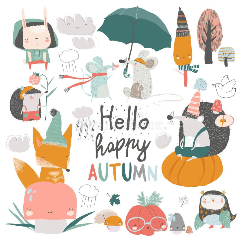 Fall Set with Cute Forest Animals in Cartoon Style Stock Vector ...