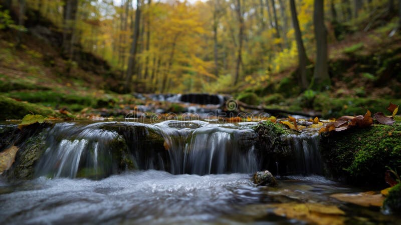 Fall Stream Cascades Over a Low Rock Barrier, AI-generated. Stock ...