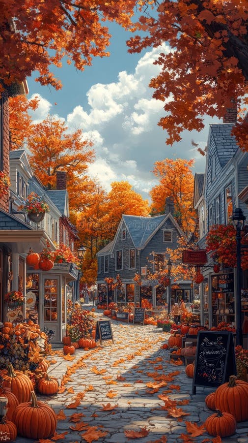 Fall Street Scene Illustration with Cobblestone Street and Pumpkins ...