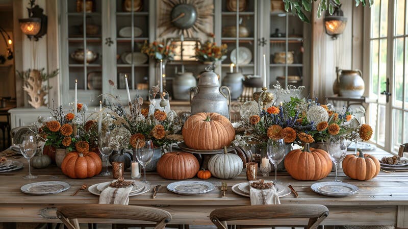 Fall Table Setting with Pumpkins and Flowers Stock Illustration ...