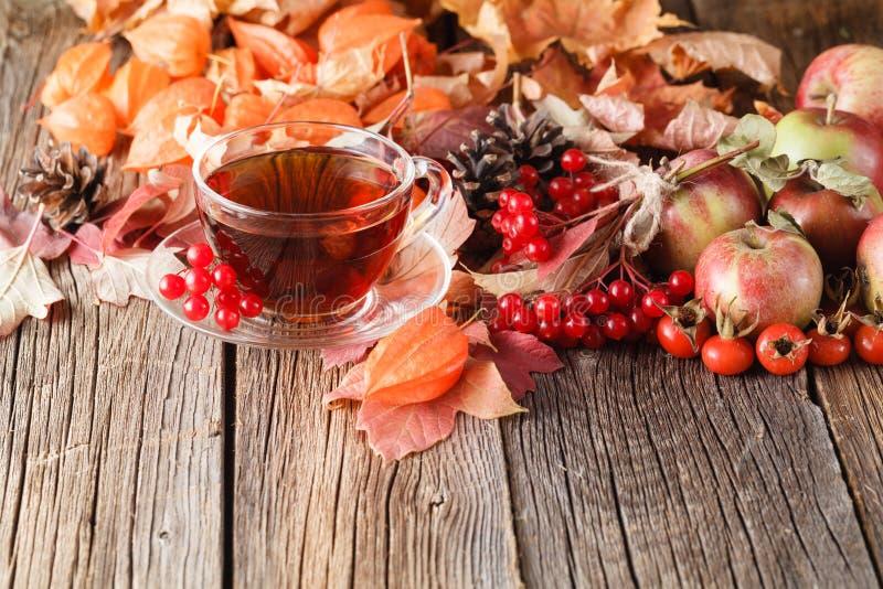 Fall Tea on Rustic Wooden Background Stock Image - Image of horizontal ...