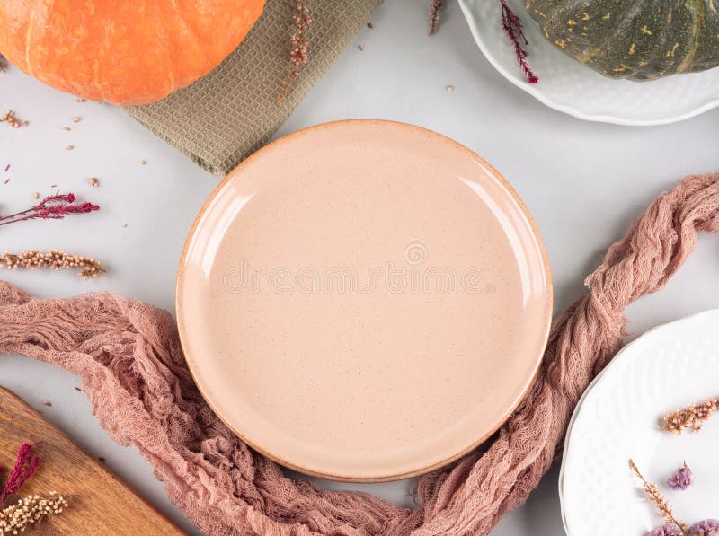 Fall Thanksgiving Table Setting Pumpkin Decor Flatlay with Pink Dish ...