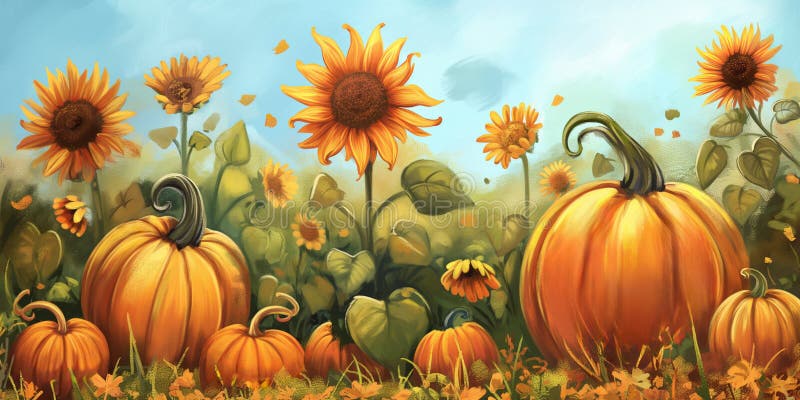 Fall-themed Backdrop with Pumpkins and Sunflowers Stock Image - Image ...