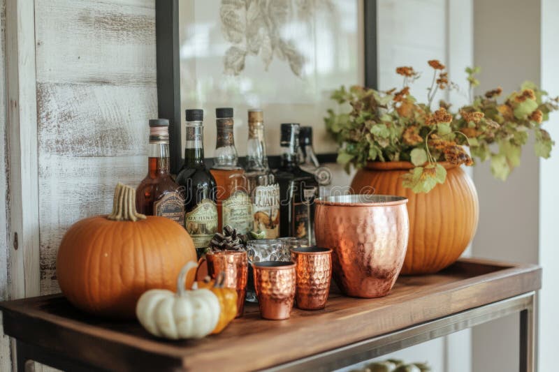 Fall-themed Bar Cart with Pumpkins, Bottles, and Copper Mugs Stock ...