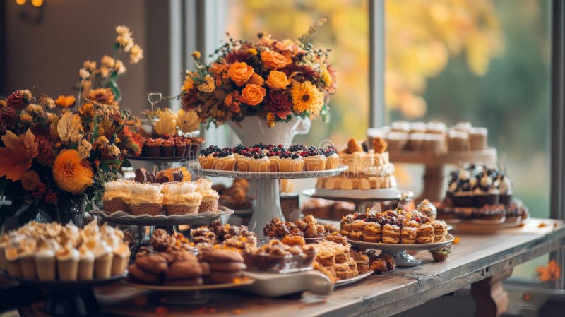 Fall-themed Dessert Buffet with Orange Flowers and Cupcakes Stock ...
