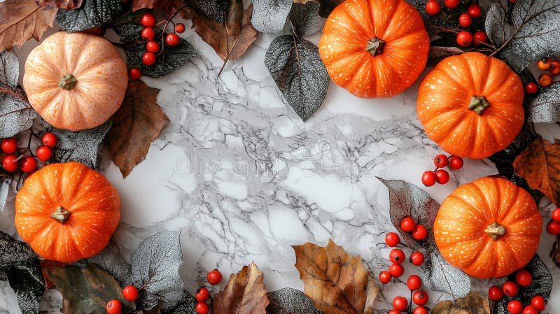 Fall-themed Flat Lay on a White Marble Surface Featuring Pumpkins ...