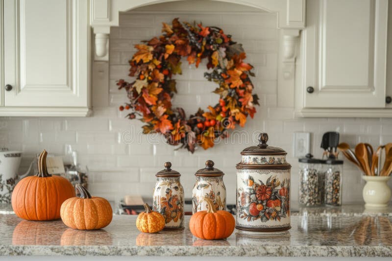 Fall-themed Kitchen Counter Decor with Pumpkins and Jars Stock ...