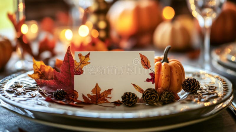 Fall-themed Place Setting with a Blank Card and Leaves Stock ...