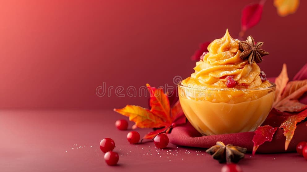 Fall Themed Pumpkin Pudding Composition on Burgundy Background with ...