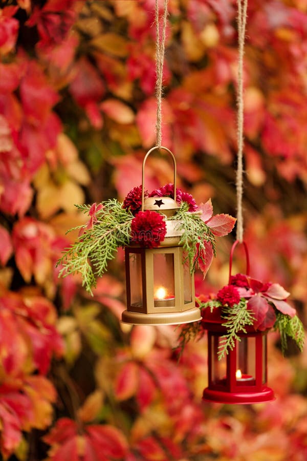 Fall Time. Autumn Decoration. Candlesticks in the Form of Lanterns with ...