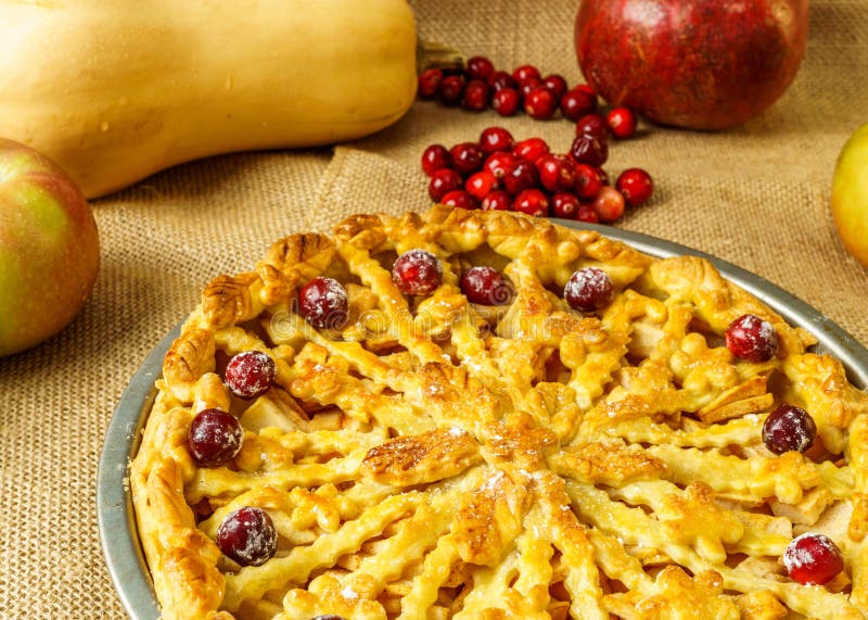 Fall Traditional Apple Pie Still Life with Pumpkin, Cranberry and ...