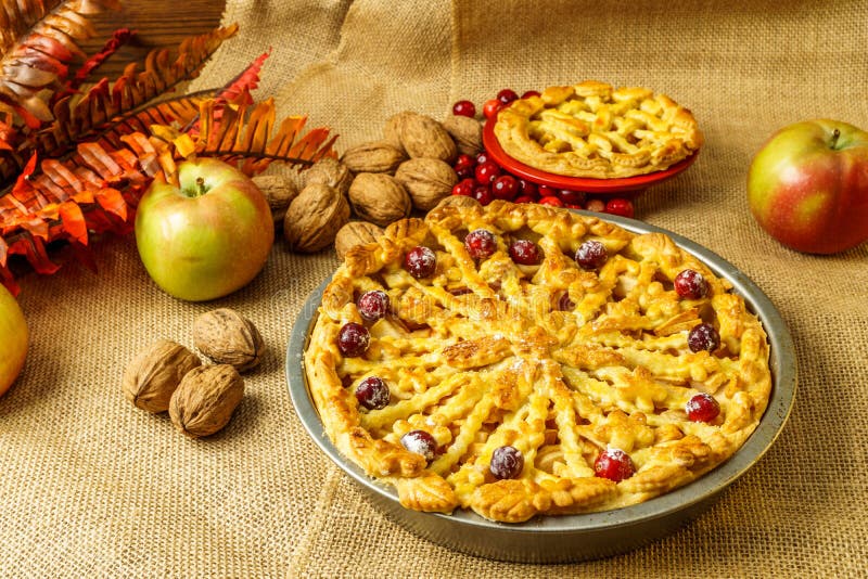 Fall Traditional Apple Pie Still Life with Pumpkin, Cranberry and ...