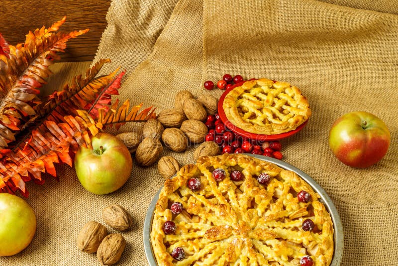 Fall Traditional Apple Pie Still Life with Pumpkin, Cranberry and ...