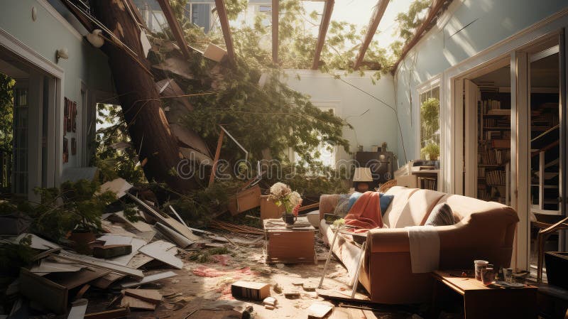 Fall tree falling on house stock illustration. Illustration of repair ...