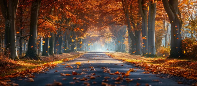 Fall Tree Lined Road Covered in Leaves Stock Photo - Image of october ...